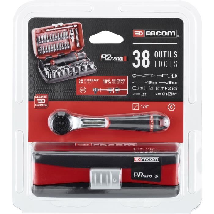 Coffret douilles 1/4'' 6 pans métriques et embouts - FACOM - R2NANOPB - 38 pièces diamètre 5,5 à ...