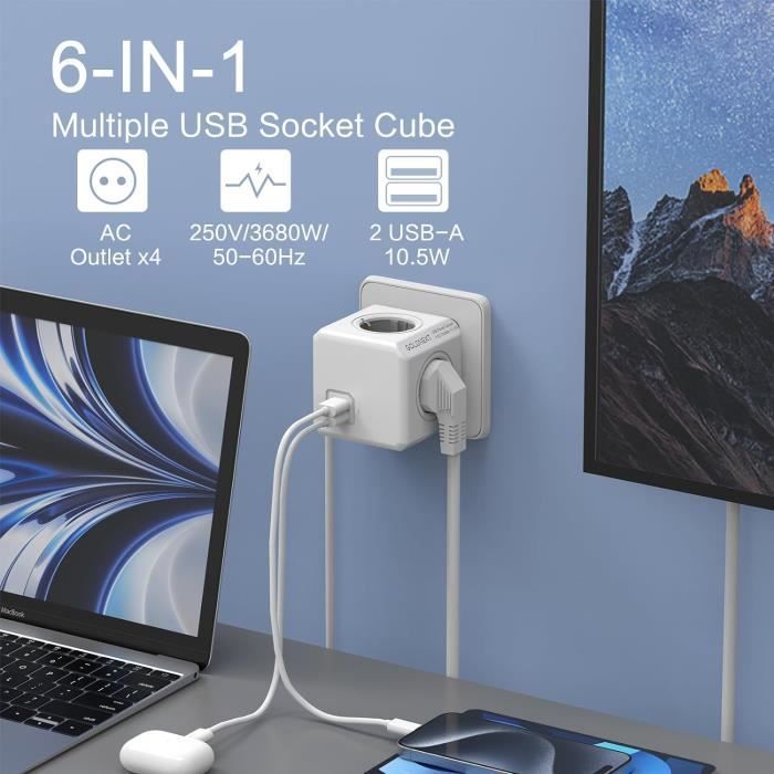 Multiprise Murale USB, Bloc Multiprise Cube 6-en-1 Multi Prise USB Secteur avec 4 Prises AC ...