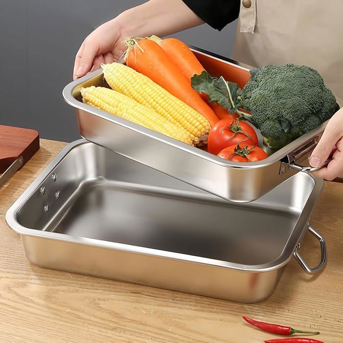 Plat Four Acier Inox 40x30cm, Rôtissoire Dinde Légumes Poignées, Poli ...