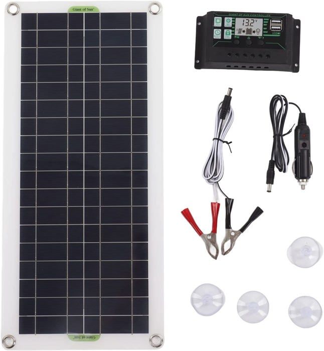 12V 30W Panneau Solaire, 30A Chargeur Kit de Contrôleur avec Pince Crocodile et Sortie USB ...