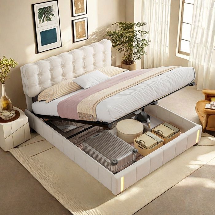 Lit coffre led 140x200, lit capitonne coffre 140x200 beige, lit ...