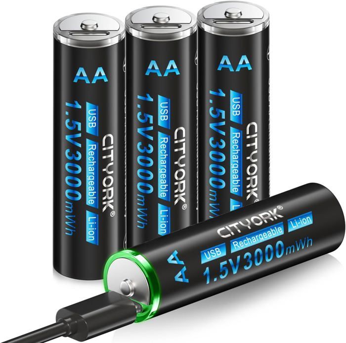 Lot de 4 piles rechargeables AA 1,5 V 3000 mWh Lithium USB AA avec ...