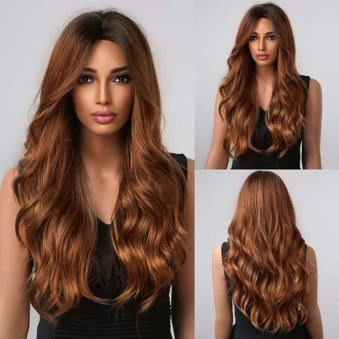 Perruque synthétique ondulée longue brune ombrée pour femmes noires ...