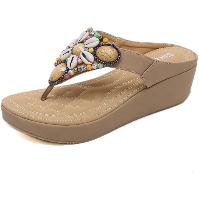 Tongs Femme Strass Bohème Sandales en Cuir Mode Été Flip Flops Talon ...