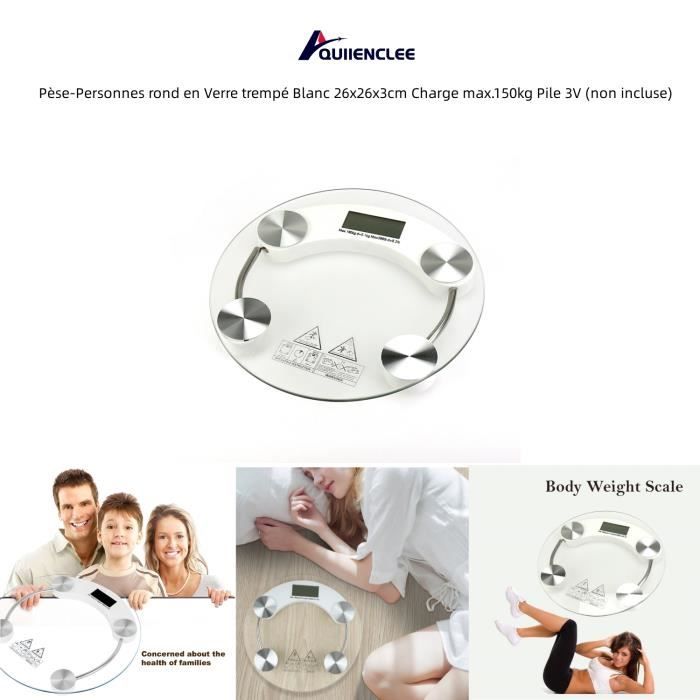 QUIIENCLEE Pèse-Personnes rond en Verre trempé Blanc 26x26x3cm Charge ...