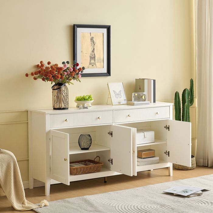 Buffet - LINHOO - 160 x 40 x 82 cm - Blanc - 2 tiroirs - 4 portes ...