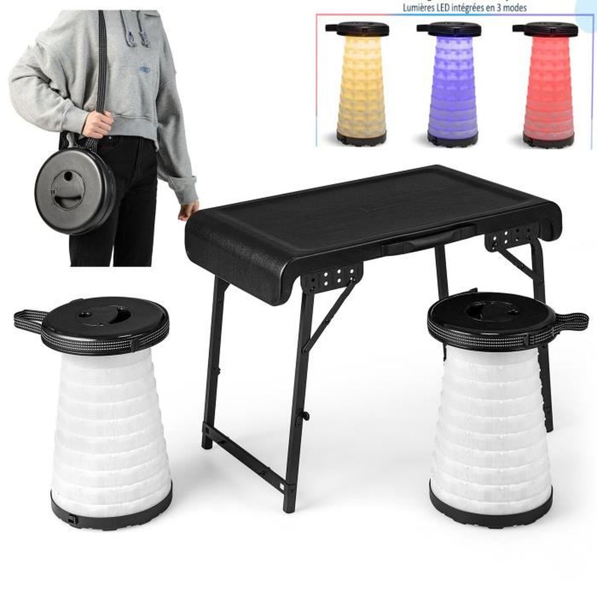 COSTWAY Ensemble de Table et 2 Tabourets Pliants Extérieur, Tabouret ...