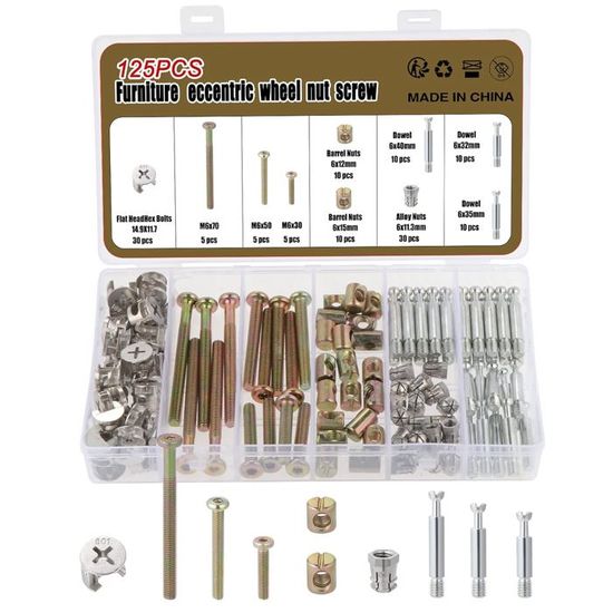 125 Pcs 3 en 1 vis de meubles écrous lit vis, Cam Fitting avec cheville ...