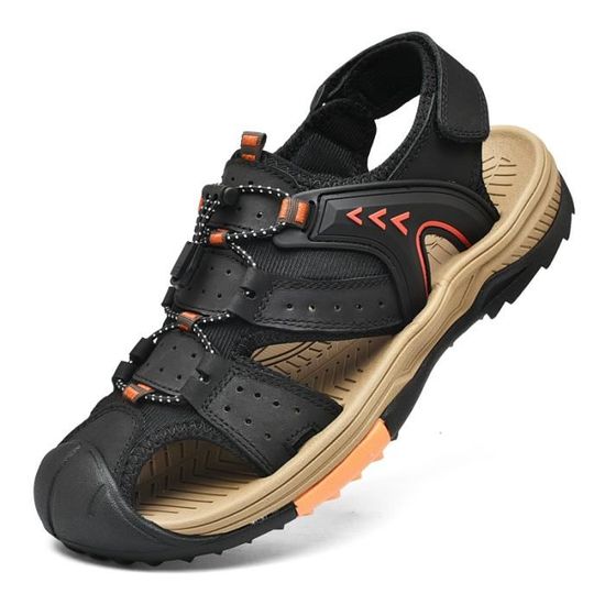 Sandales Homme - Plage Randonnée - Cuir - Souples - Scratch - Noir Noir ...