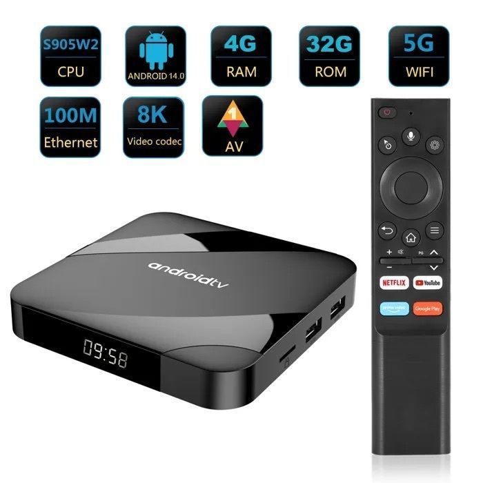 Boîte TV Android TV98 ATV, OUTUOTWQ Android 14 TV BOX Amlogic S905W2 8K Vidéo 4Go RAM 32Go ROM ...