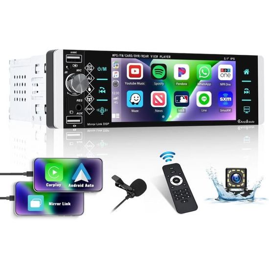 Autoradio Bluetooth 1 Din avec Apple CarPlay Android Auto, 5,1 Pouces ...