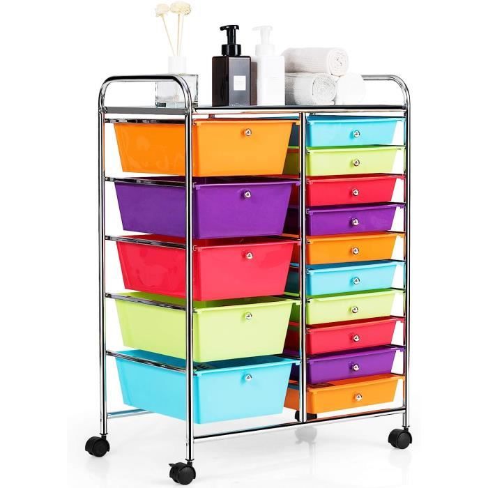 Chariot de Rangement 15 Tiroirs, Tour de Rangement à roulettes, Cadre ...