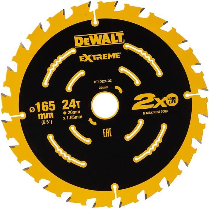 Dewalt DT10624-QZ Lame de Scie Circulaire 165 X 20 X 24T, Jaune-Noir[53 ...
