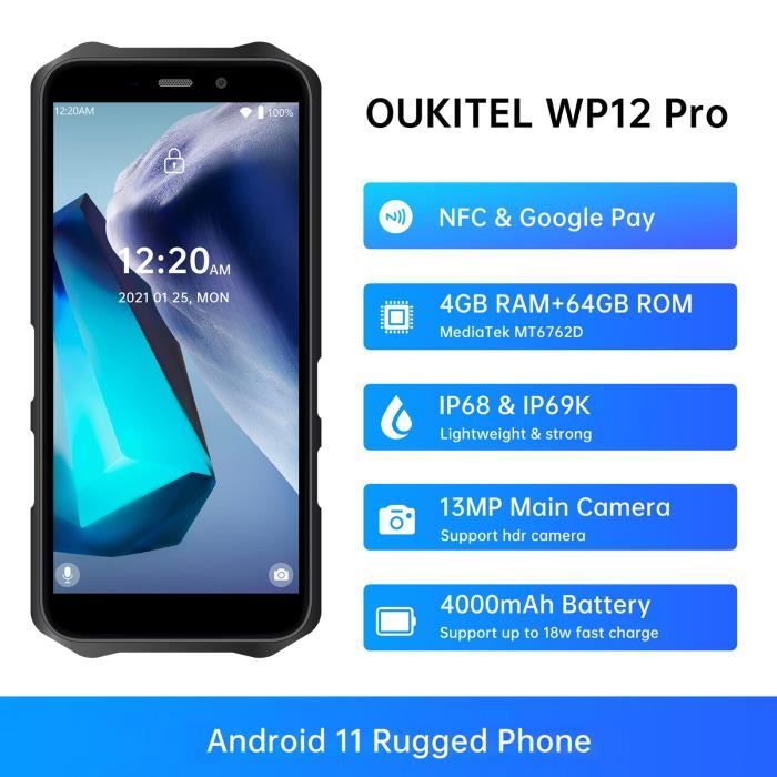 Téléphone Incassable OUKITEL WP12 Pro 4Go + 64Go Double SIM 4G IP68 / IP69K Smartphone Antichoc ...