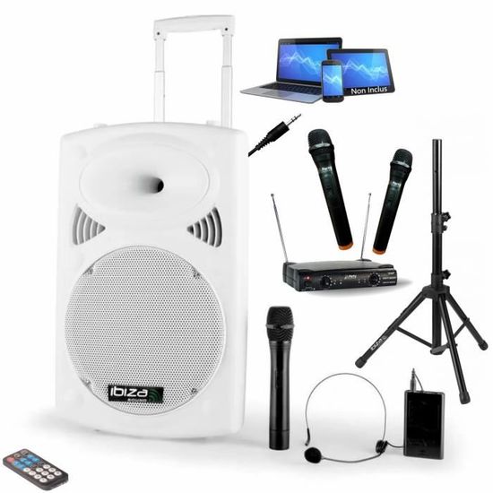 Enceinte sur batterie USB/Bluetooth Ibiza PORT12VHF-BT-WH 700W - Pied ...