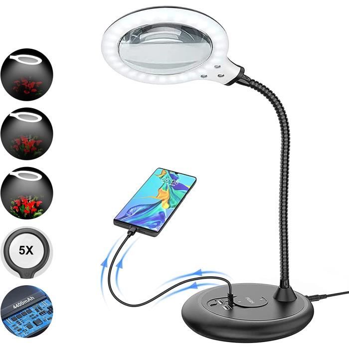 Lampe loupe Rechargeable 5X avec Port de Chargement USB, Grande loupe Mains Libres avec lumière ...