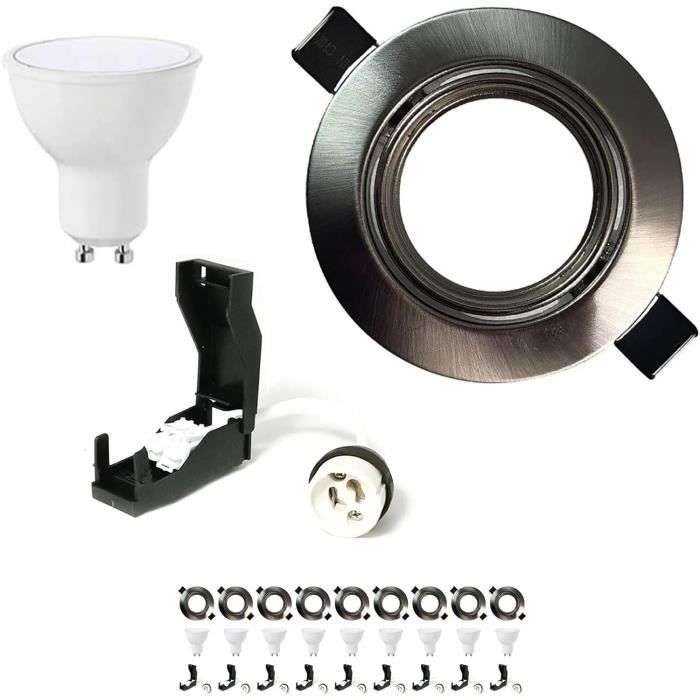 10 Spots Encastrable Orientable Alu Brossé Avec Gu10 6w Dimmable Blanc