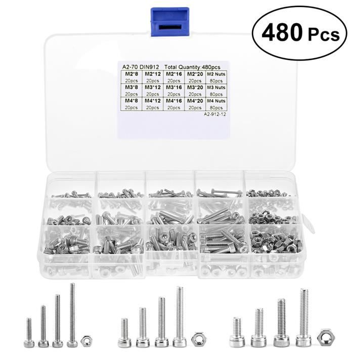 Vis À Six Pans Creux Kit D'Assortiment De Vis, Boulons Et Écrous, 480 Pièces M2 M3 M4 En Acier ...