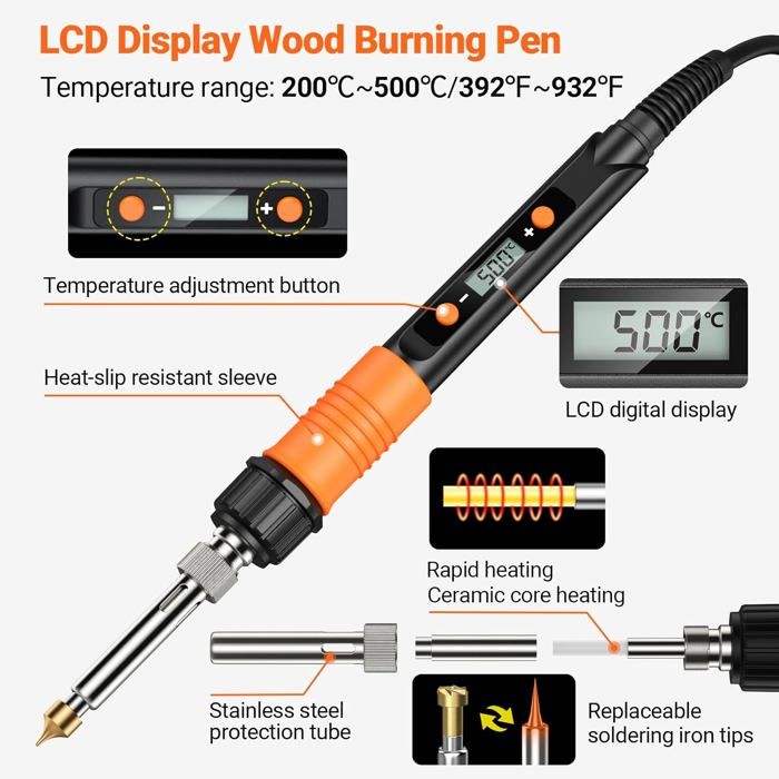 Preciva Pyrograveur sur Bois, 70pcs Graveur Bois avec LCD Stylo à ...