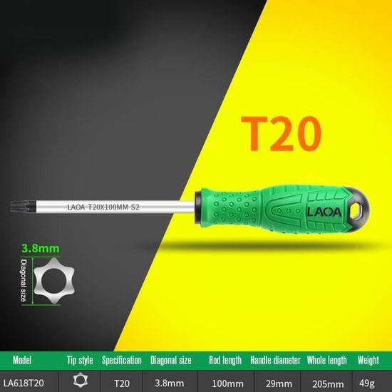TOURNEVIS,T20--tournevis magnétique Torx S2, en acier allié, T8-T10-T15-T20-T25-T30-T40 ...
