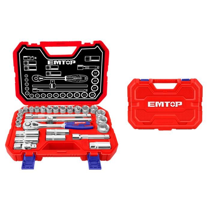 Coffret jeu de 28 douilles 1/2 EMTOP Acier Cr-V de haute qualité Traité ...