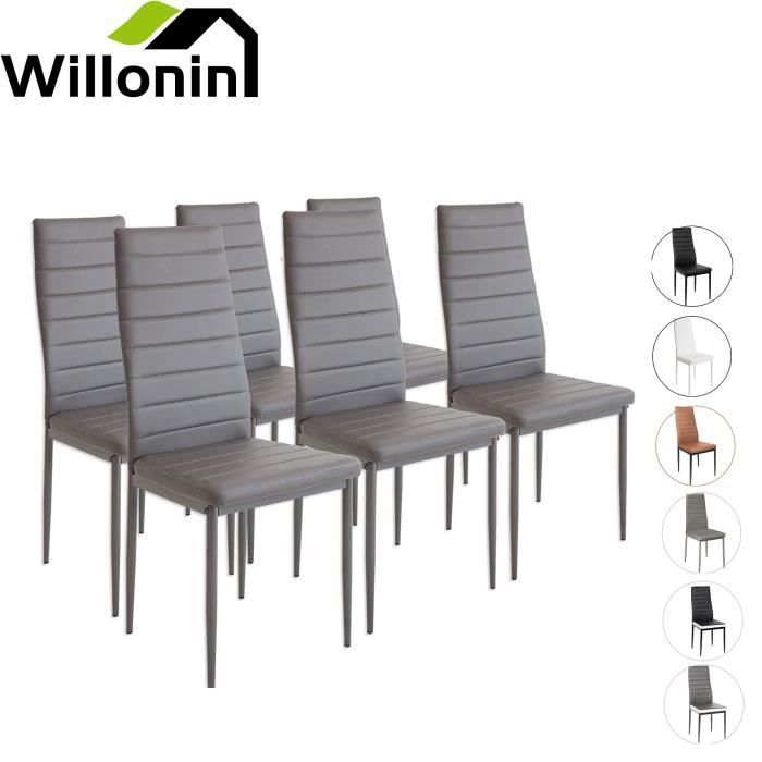 WILLONIN® ENSEMBLE DE 6 CHAISE DE SALLE A MANGER, DOSSIER ERGONOMIQUE, SIEGE GRIS EN CUIR PU ET ...