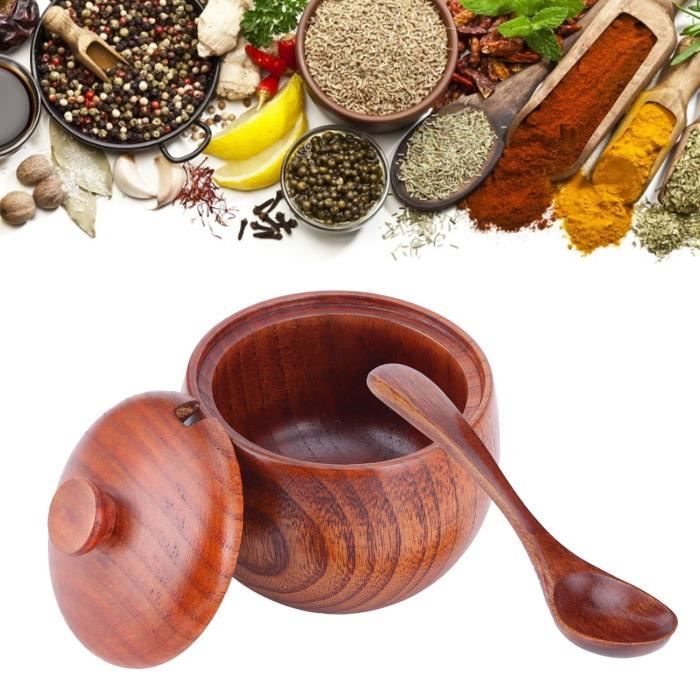 HUJ Boîte à Sel en Bois avec Couvercle Cuillère Pot à Épices Vintage ...