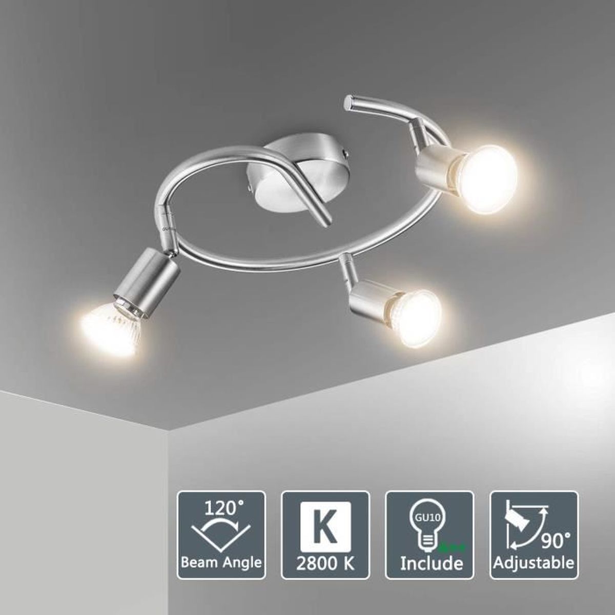 Plafonnier Led 3 Spot Orientables Avec Ampoules Gu10 6w Blanc Chaud