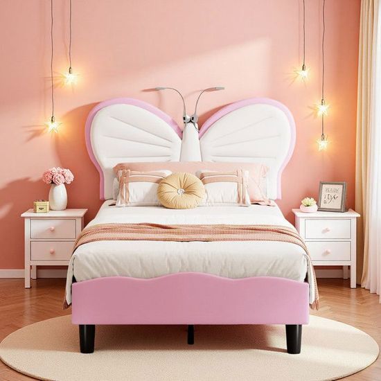 Lit Enfant Fille 90x200 - Tête Papillon Velours avec Lampe LED ...