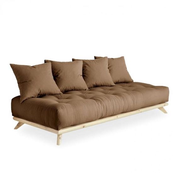 Canapé convertible futon SENZA pin naturel coloris mocca couchage 90 cm ...