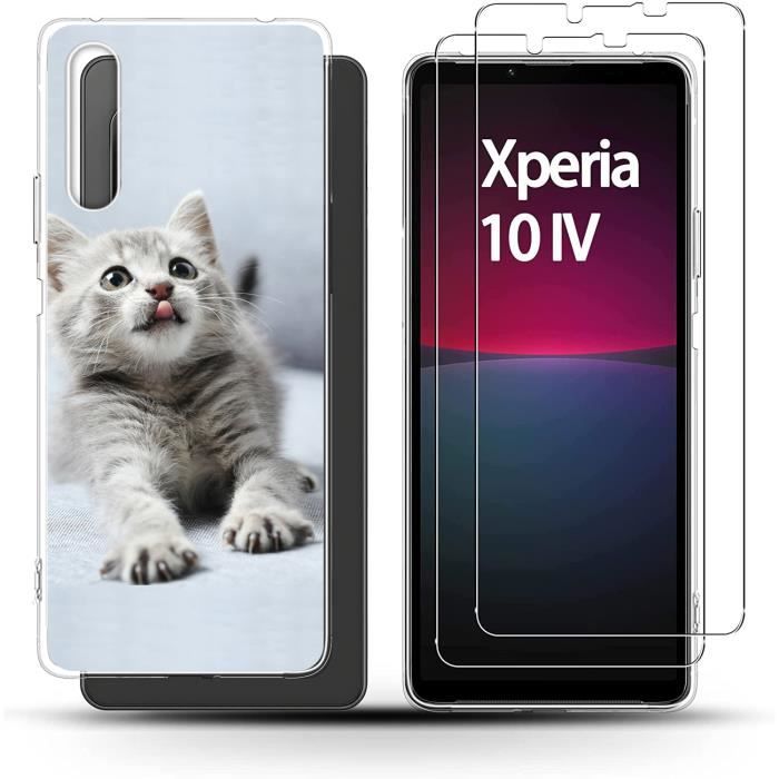 Coque Pour Sony Xperia 10 IV 6.0" - Souple chat blanc TPU Silicone cover case + 2 Pack Verre ...