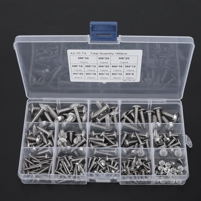 SALALIS Vis en acier inoxydable SALALIS Vis à tête plate 180pcs M3 M4 M5 M6 Kit d'assortiment de ...