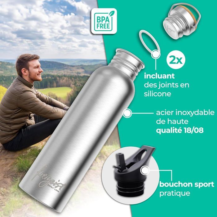 Gourde 1L Inox Bouteille 1L Metal Gourde 1 Litre Sport Avec Bouchon ...