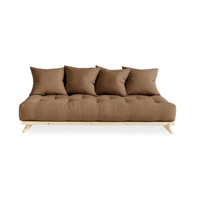 Canapé convertible futon SENZA pin naturel coloris mocca couchage 90 cm ...