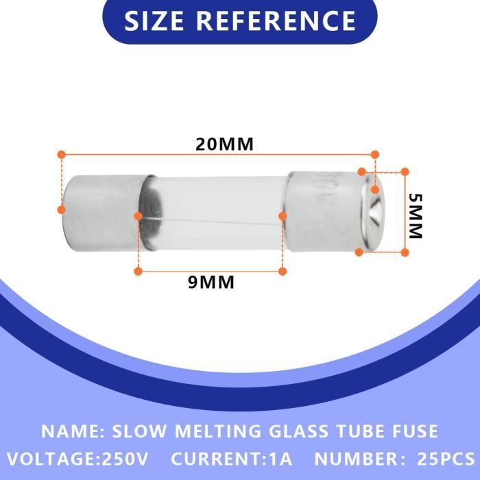 25Pcs Fusible En Verre Soufflé Lentement 5 * 20Mm 250V 1A Kit Combiné De Fusible De Tuyau Lent ...