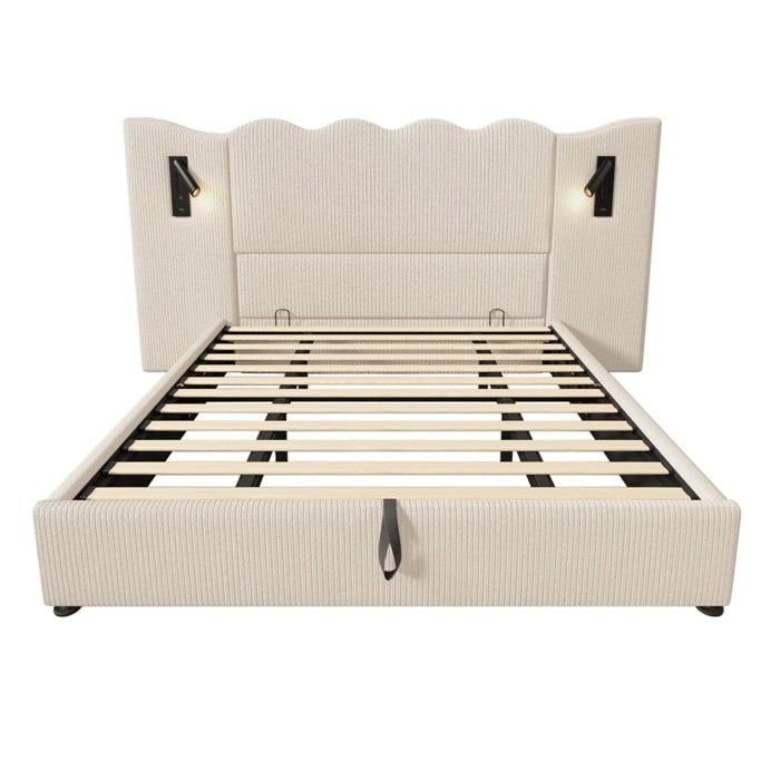 Lit double rembourré - 180x200 Beige corde - Rangement hydraulique ...