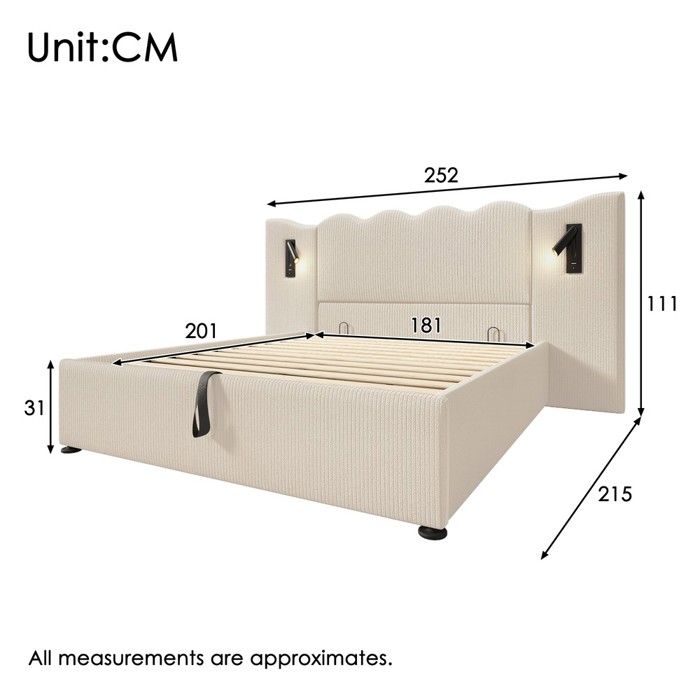 Lit double rembourré - 180x200 Beige corde - Rangement hydraulique ...