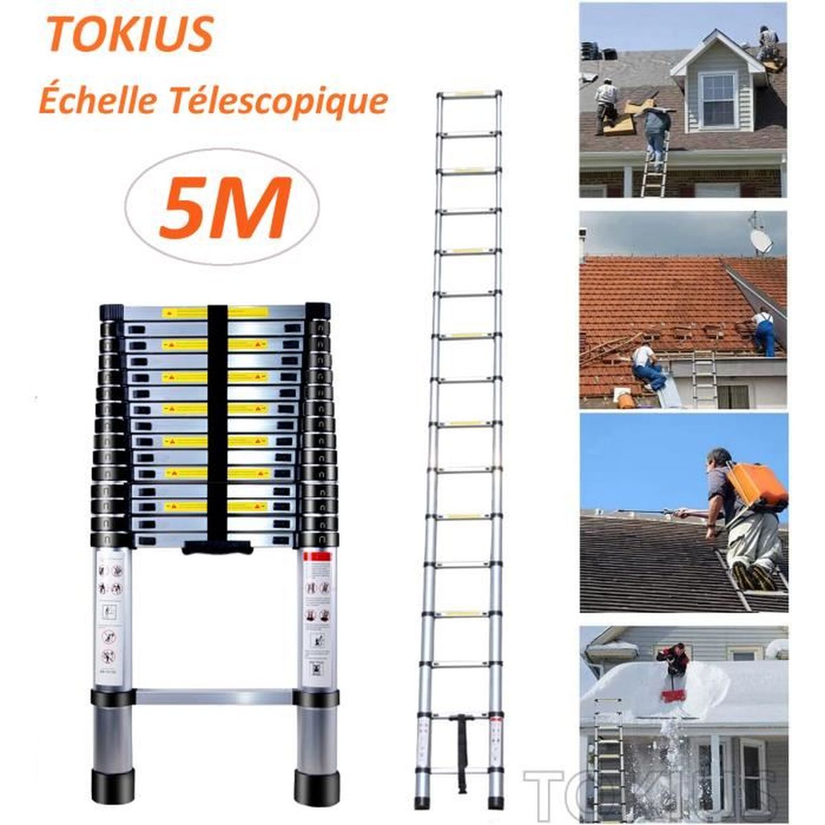 5M Échelle Télescopique en aluminium, TOKIUS Échelle Pliable Extensible ...