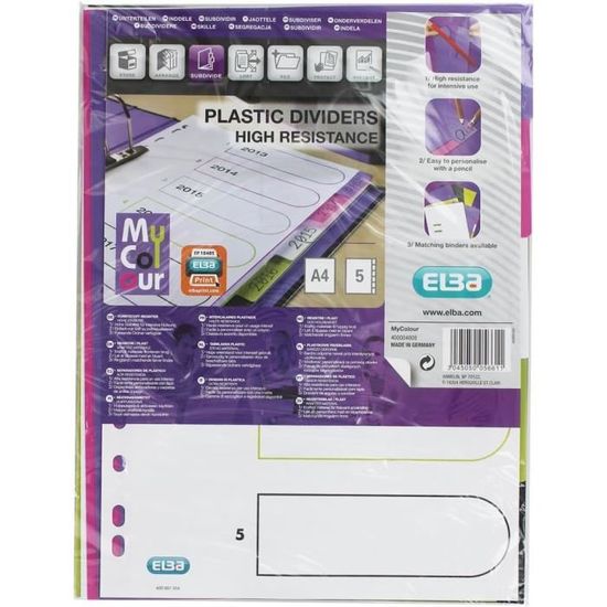 MyColour Intercalaires blancs en plastique 5 feuilles pour format A4 ...
