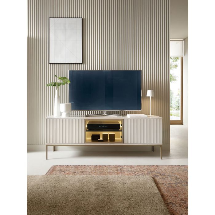 Meuble TV 3 portes avec LED - TOSENA - 154 cm - grège - Cdiscount Maison