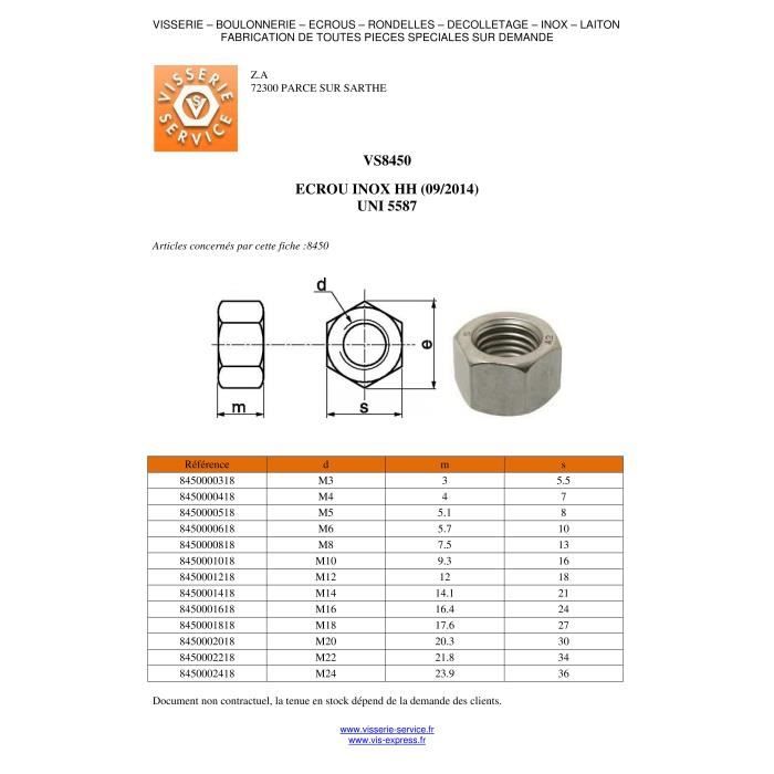 ECROU HEXAGONAL HAUT M8 EPAISSEUR 8 INOX A4 - conditionnement:30 pieces ...