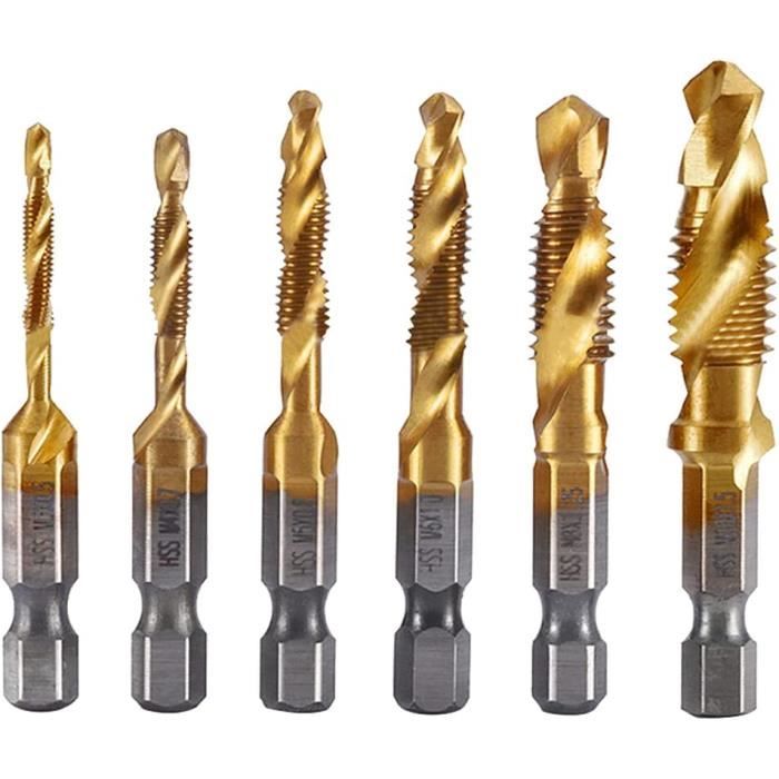 HSS Foret Mèche à 1-4" Tige Hexagonale Set, 6 PCS 1-4" HSS M3-M10 Taraud Combiné Robinet de ...