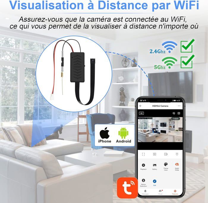 Caméra Espion WiFi 5G, Mini Camera Cachée sans Fil, Micro Camera Espion ...
