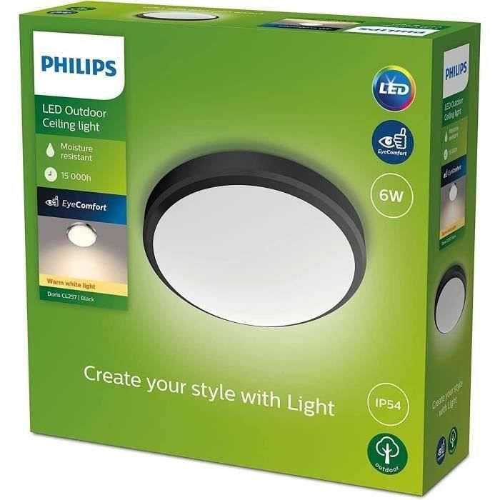 Plafonnier LED PHILIPS DORIS - 6W - 2700K - IP54 - Noir - Cdiscount Maison