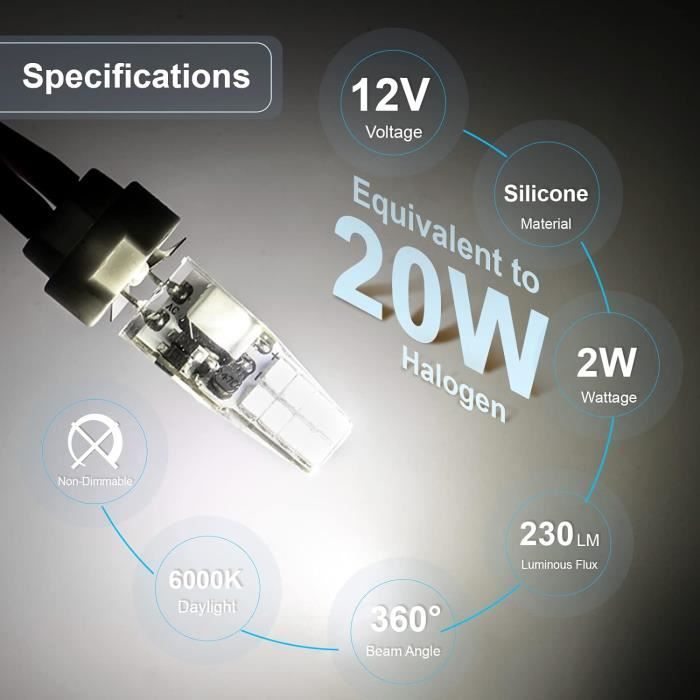 Ampoule Led G4, Blanc Froid 6000K, 12V Non-Dimmable, 2W Équivalent 20W Halogène, 260Lm ...