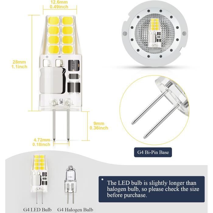 Ampoule Led G4, Blanc Froid 6000K, 12V Non-Dimmable, 2W Équivalent 20W Halogène, 260Lm ...