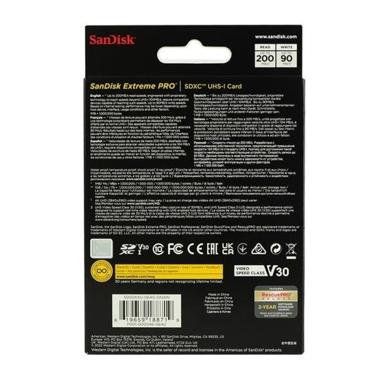 SanDisk SD Carte Mémoire 64Go Extreme Pro SDHC SDXC UHS-I Classe 10 200M-S U3 V30 4K Carte Vidéo ...
