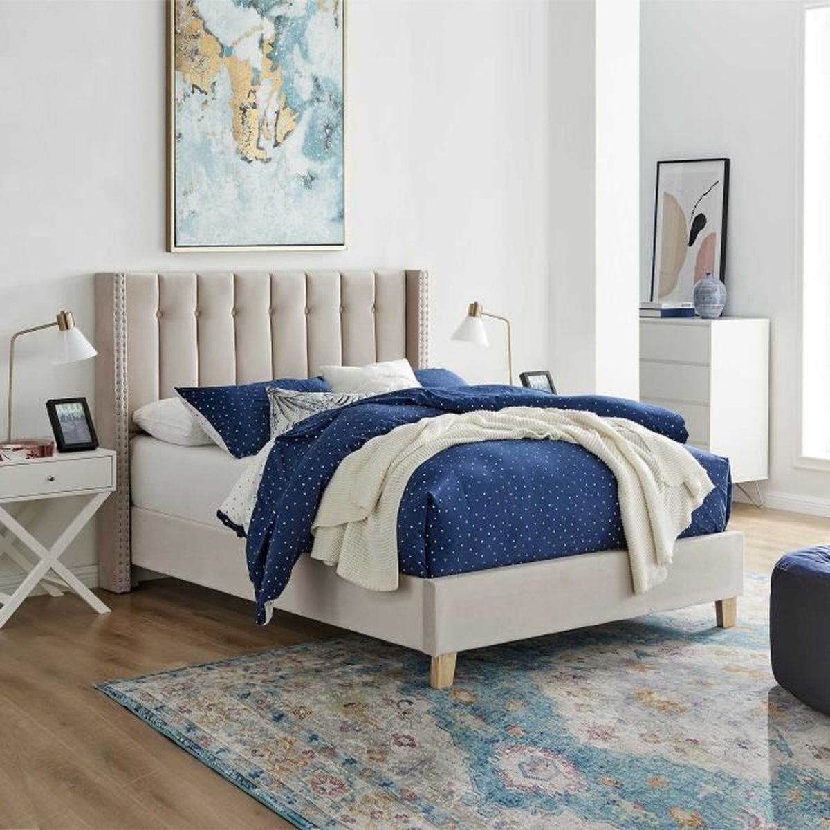 Lit double capitonné en velours beige AXELLE 140x190 cm - Cdiscount Maison