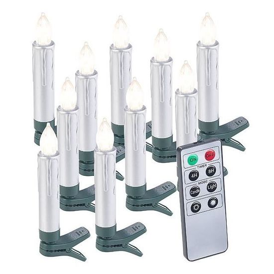 Bougies LED pour sapin de Noël avec télécommande - Lunartec - Argent - 10 ampoules - Intérieur ...