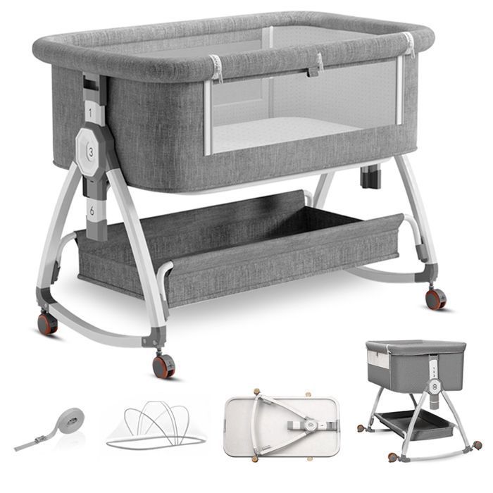 Lit Bébé Berceau Cododo avec Matelas, Panier de Rangement, Sangle Fixe ...